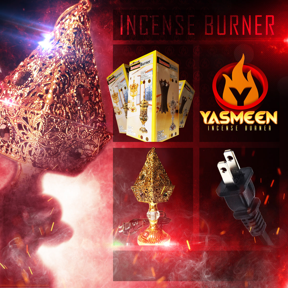 YASMEEN Gold Electric Incense Bakhor Bakhoor Burner Pyramid Shape ...